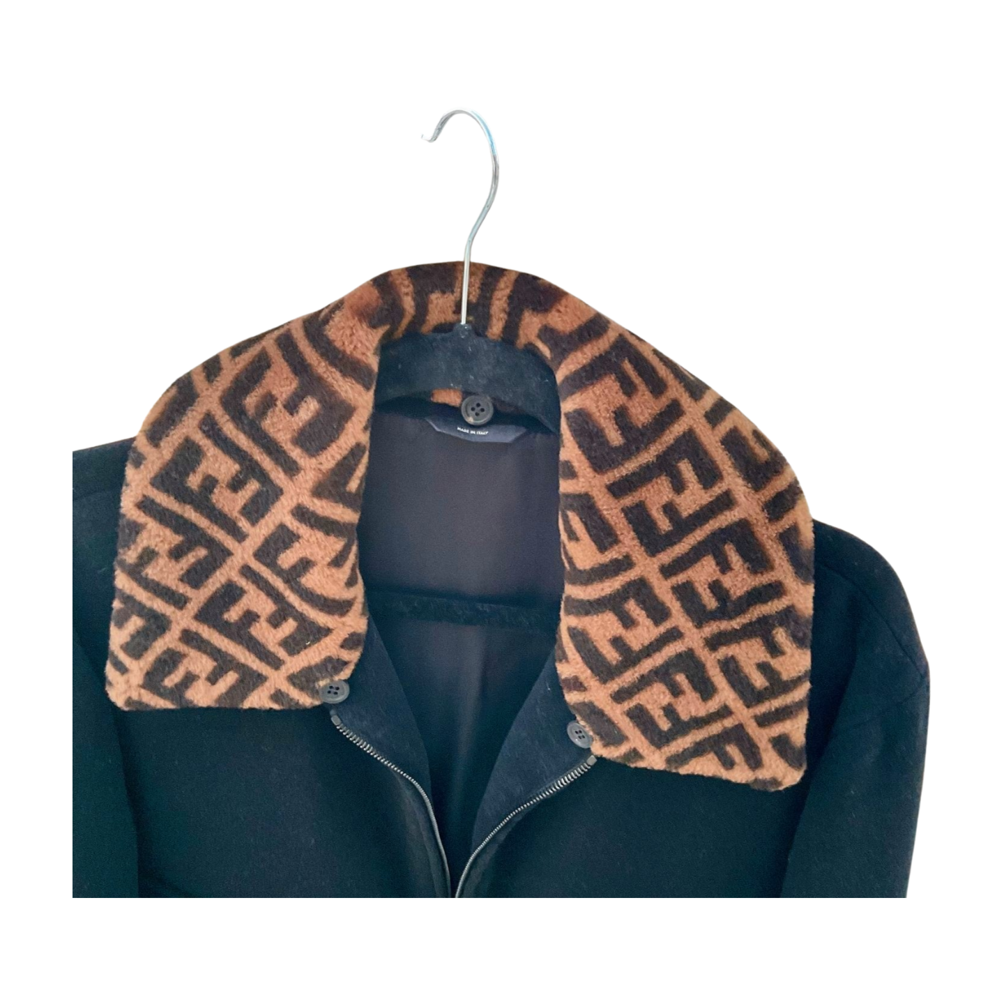 Fendi Men's Wool Bomber Coat with Shearling Logo Collar IT Fendi Men's Wool Bomber Coat with Shearling Logo Collar IT